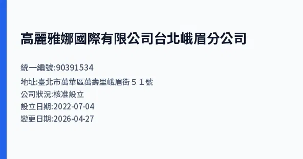 高麗雅娜國際有限公司台北峨眉分公司的照片-統編 90391534(臺北市) 公司登記資料與營業項目詳細圖表