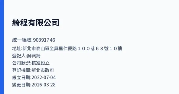 綺程有限公司的照片-統編 90391746(新北市) 公司登記資料與營業項目詳細圖表