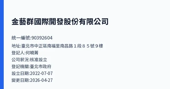 金藝群國際開發股份有限公司的照片-統編 90392604(臺北市) 公司登記資料與營業項目詳細圖表