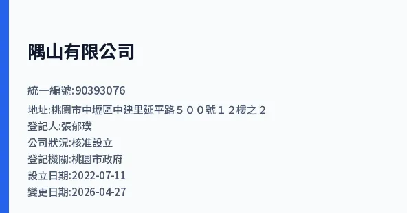 隅山有限公司的照片-統編 90393076(桃園市) 公司登記資料與營業項目詳細圖表