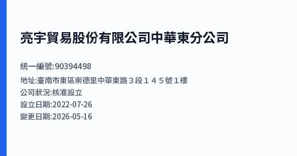 亮宇貿易股份有限公司中華東分公司的照片-統編 90394498(臺南市) 公司登記資料與營業項目詳細圖表
