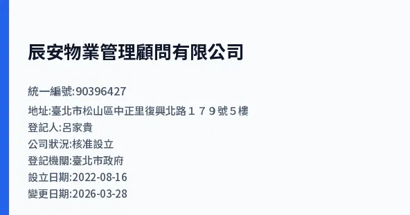 辰安物業管理顧問有限公司的照片-統編 90396427(臺北市) 公司登記資料與營業項目詳細圖表