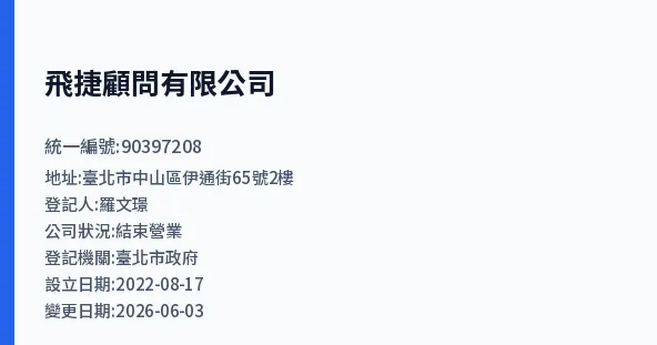 飛捷顧問有限公司的照片-統編 90397208(臺北市) 公司登記資料與營業項目詳細圖表