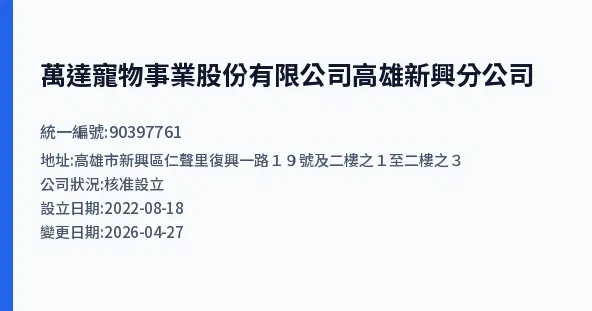 萬達寵物事業股份有限公司高雄新興分公司的照片-統編 90397761(高雄市) 公司登記資料與營業項目詳細圖表