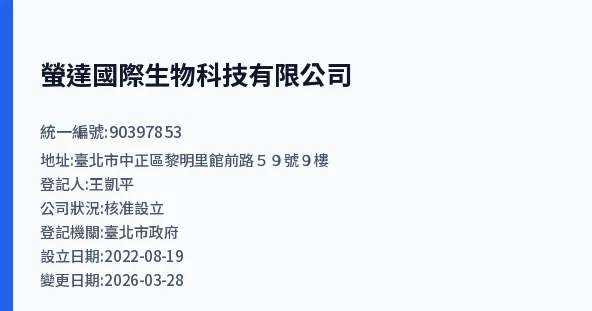 螢達國際生物科技有限公司的照片-統編 90397853(臺北市) 公司登記資料與營業項目詳細圖表