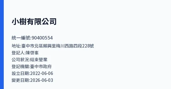 小樹有限公司的照片-統編 90400554(臺中市) 公司登記資料與營業項目詳細圖表