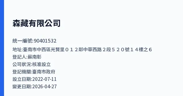 森藏有限公司的照片-統編 90401532(臺南市) 公司登記資料與營業項目詳細圖表