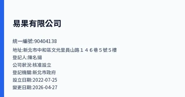 易果有限公司的照片-統編 90404138(新北市) 公司登記資料與營業項目詳細圖表