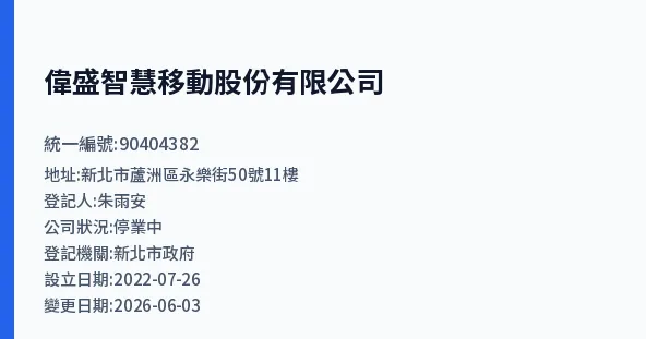 偉盛智慧移動股份有限公司的照片-統編 90404382(新北市) 公司登記資料與營業項目詳細圖表