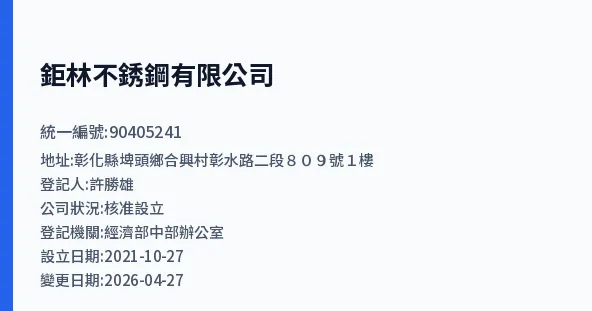 鉅林不銹鋼有限公司的照片-統編 90405241(彰化縣) 公司登記資料與營業項目詳細圖表
