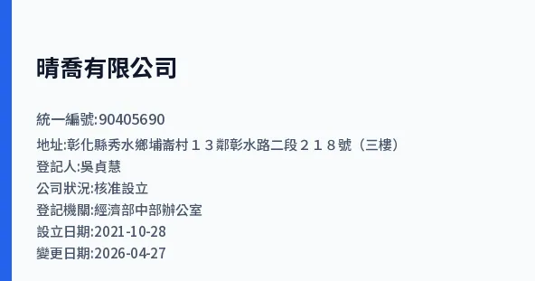 晴喬有限公司的照片-統編 90405690(彰化縣) 公司登記資料與營業項目詳細圖表