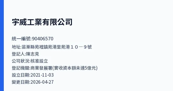 宇威工業有限公司的照片-統編 90406570(苗栗縣) 公司登記資料與營業項目詳細圖表