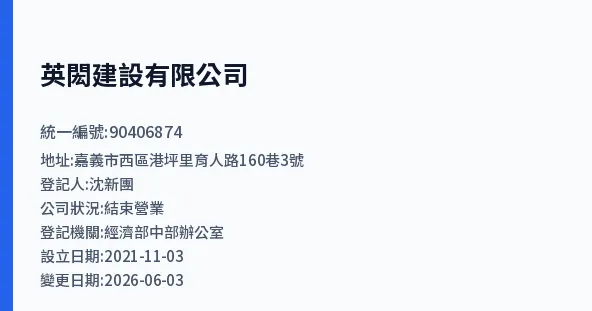 英閎建設有限公司的照片-統編 90406874(嘉義市) 公司登記資料與營業項目詳細圖表