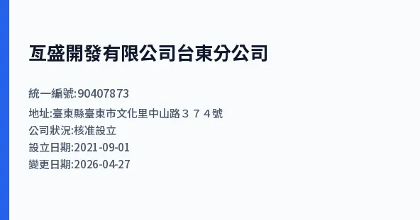 亙盛開發有限公司台東分公司的照片-統編 90407873(臺東縣) 公司登記資料與營業項目詳細圖表