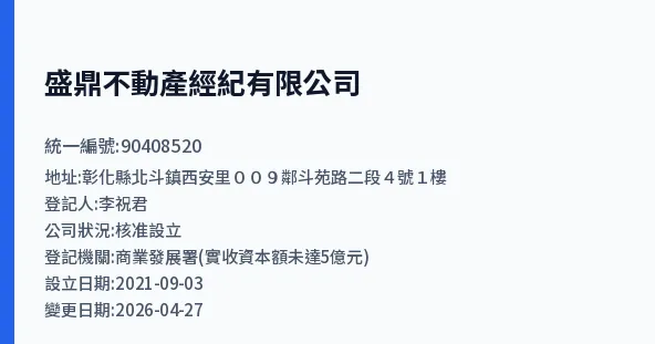 盛鼎不動產經紀有限公司的照片-統編 90408520(彰化縣) 公司登記資料與營業項目詳細圖表