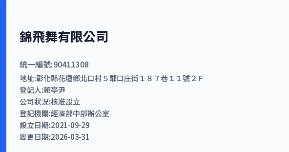 錦飛舞有限公司的照片-統編 90411308(彰化縣) 公司登記資料與營業項目詳細圖表