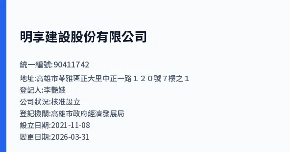 明享建設股份有限公司的照片-統編 90411742(高雄市) 公司登記資料與營業項目詳細圖表