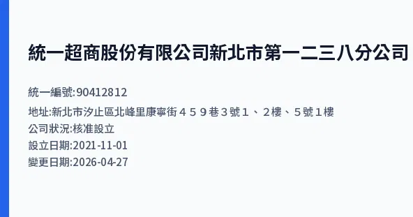 統一超商股份有限公司新北市第一二三八分公司的照片-統編 90412812(新北市) 公司登記資料與營業項目詳細圖表