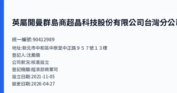 英屬開曼群島商超晶科技股份有限公司台灣分公司的照片-統編 90412989(新北市) 公司登記資料與營業項目詳細圖表