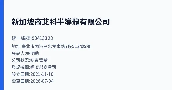 新加坡商艾科半導體有限公司的照片-統編 90413328(臺北市) 公司登記資料與營業項目詳細圖表