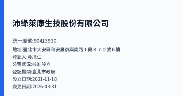 沛綠萊康生技股份有限公司的照片-統編 90413930(臺北市) 公司登記資料與營業項目詳細圖表