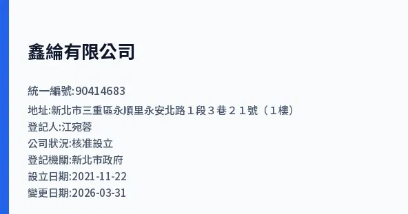 鑫綸有限公司的照片-統編 90414683(新北市) 公司登記資料與營業項目詳細圖表