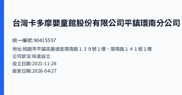 台灣卡多摩嬰童館股份有限公司平鎮環南分公司的照片-統編 90415557(桃園市) 公司登記資料與營業項目詳細圖表