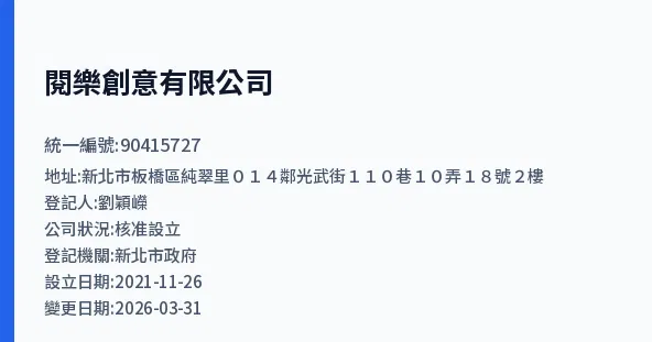 閱樂創意有限公司的照片-統編 90415727(新北市) 公司登記資料與營業項目詳細圖表