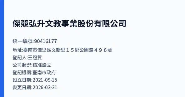 傑競弘升文教事業股份有限公司的照片-統編 90416177(臺南市) 公司登記資料與營業項目詳細圖表