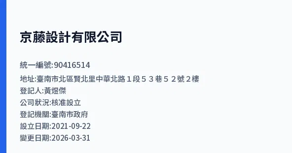 京藤設計有限公司的照片-統編 90416514(臺南市) 公司登記資料與營業項目詳細圖表