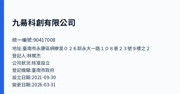 九昜科創有限公司的照片-統編 90417008(臺南市) 公司登記資料與營業項目詳細圖表