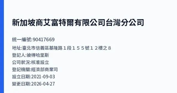 新加坡商艾富特爾有限公司台灣分公司的照片-統編 90417669(臺北市) 公司登記資料與營業項目詳細圖表