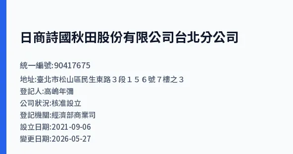 日商詩國秋田股份有限公司台北分公司的照片-統編 90417675(臺北市) 公司登記資料與營業項目詳細圖表
