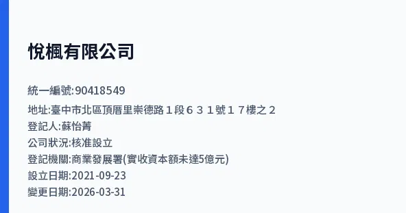 悅楓有限公司的照片-統編 90418549(臺中市) 公司登記資料與營業項目詳細圖表