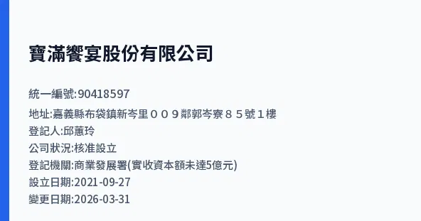 寶滿饗宴股份有限公司的照片-統編 90418597(嘉義縣) 公司登記資料與營業項目詳細圖表