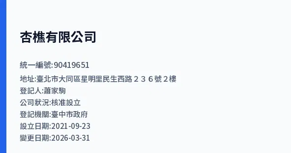 杏樵有限公司的照片-統編 90419651(臺北市) 公司登記資料與營業項目詳細圖表