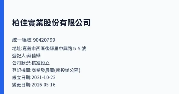 柏佳實業股份有限公司的照片-統編 90420799(嘉義市) 公司登記資料與營業項目詳細圖表