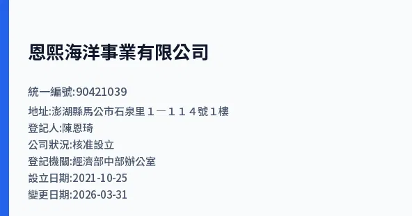 恩熙海洋事業有限公司的照片-統編 90421039(澎湖縣) 公司登記資料與營業項目詳細圖表