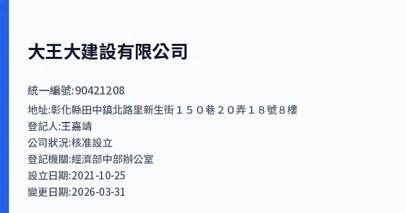 大王大建設有限公司的照片-統編 90421208(彰化縣) 公司登記資料與營業項目詳細圖表