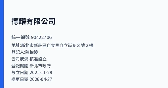 德耀有限公司的照片-統編 90422706(新北市) 公司登記資料與營業項目詳細圖表