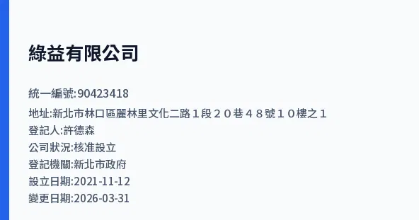 綠益有限公司的照片-統編 90423418(新北市) 公司登記資料與營業項目詳細圖表