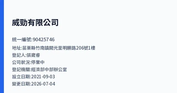 威勁有限公司的照片-統編 90425746(苗栗縣) 公司登記資料與營業項目詳細圖表
