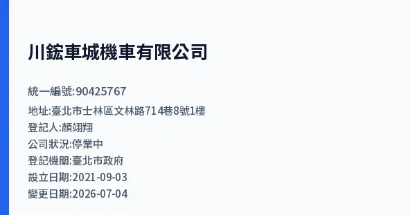川鋐車城機車有限公司的照片-統編 90425767(臺北市) 公司登記資料與營業項目詳細圖表