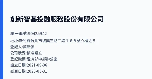 創新智基投融服務股份有限公司的照片-統編 90425942(新竹縣) 公司登記資料與營業項目詳細圖表