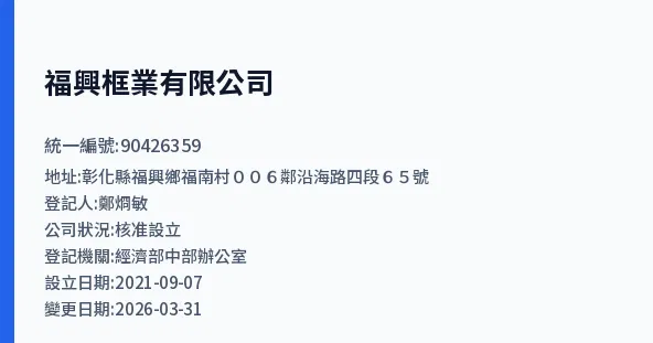 福興框業有限公司的照片-統編 90426359(彰化縣) 公司登記資料與營業項目詳細圖表