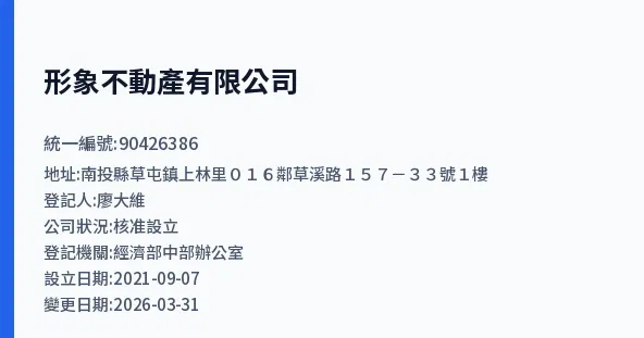 形象不動產有限公司的照片-統編 90426386(南投縣) 公司登記資料與營業項目詳細圖表