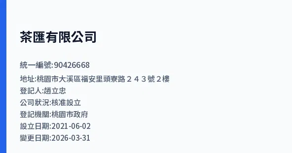 茶匯有限公司的照片-統編 90426668(桃園市) 公司登記資料與營業項目詳細圖表