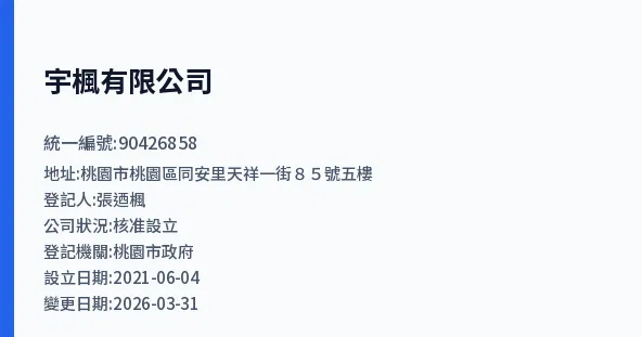 宇楓有限公司的照片-統編 90426858(桃園市) 公司登記資料與營業項目詳細圖表
