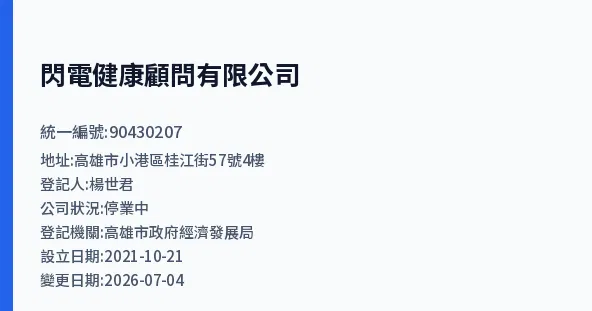 閃電健康顧問有限公司的照片-統編 90430207(高雄市) 公司登記資料與營業項目詳細圖表
