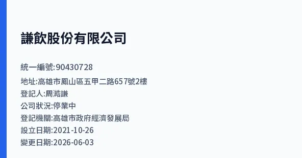 謙飲股份有限公司的照片-統編 90430728(高雄市) 公司登記資料與營業項目詳細圖表